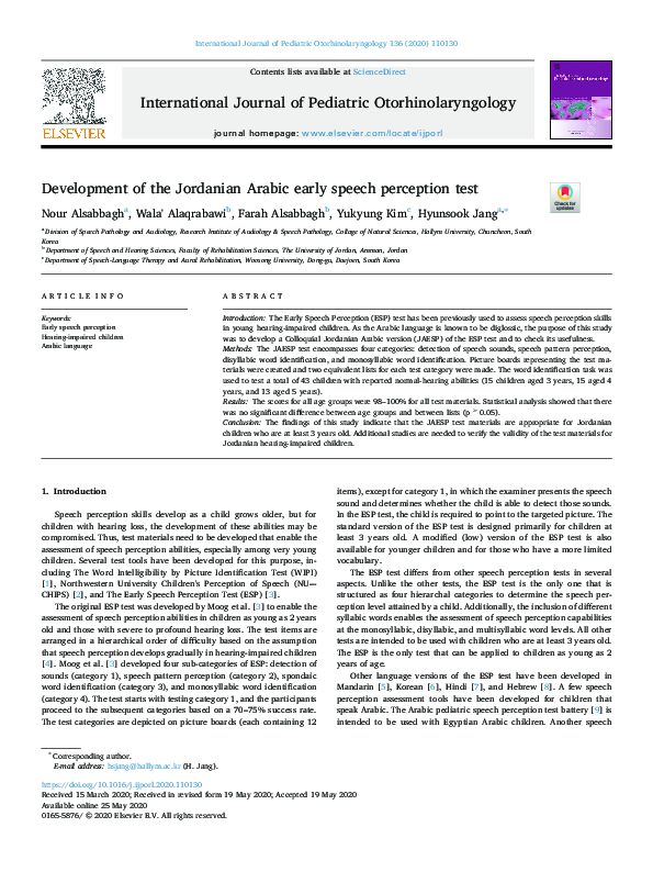 (PDF) Development of the Jordanian Arabic early speech perception test