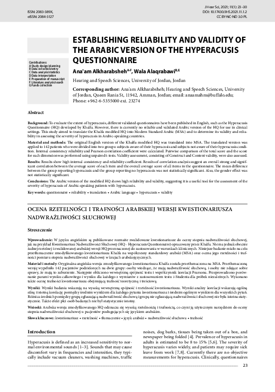 (PDF) Establishing Reliability and Validity of the Arabic Version of ...