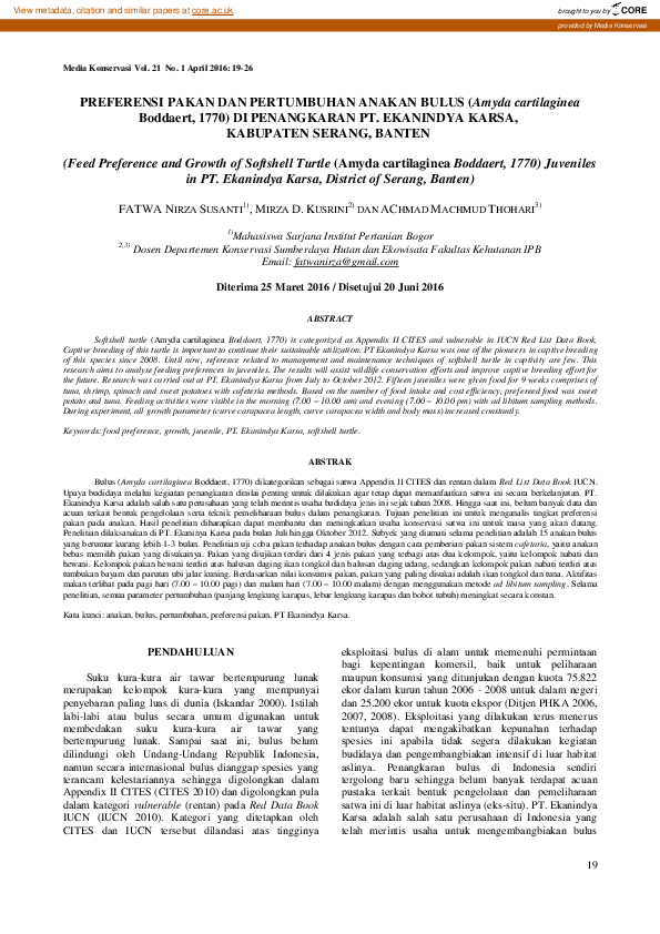 (PDF) PREFERENSI PAKAN DAN PERTUMBUHAN ANAKAN BULUS (Amyda cartilaginea ...