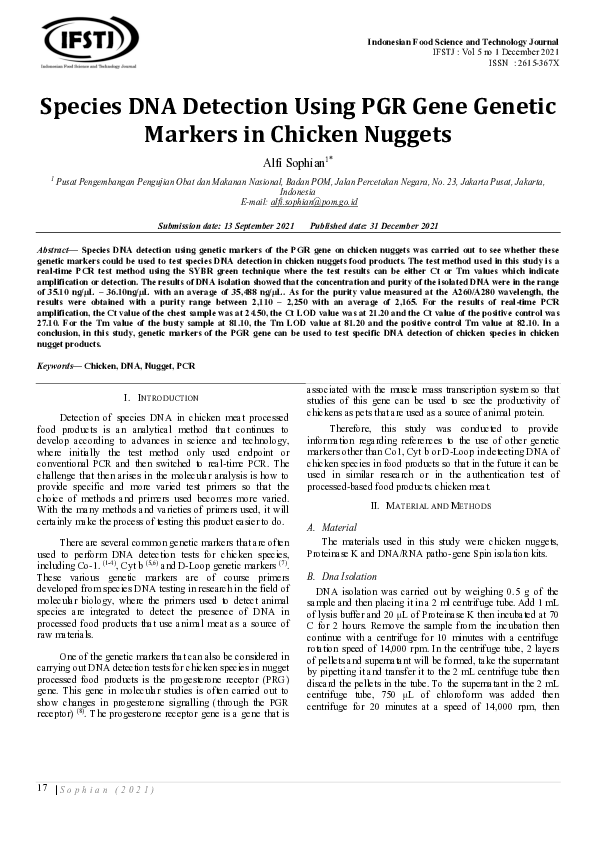 (PDF) Species DNA Detection Using PGR Gene Genetic Markers in Chicken ...