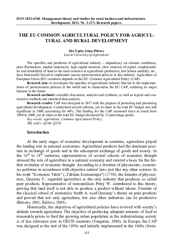 (PDF) The eu common agricultural policy for agricultural and rural ...