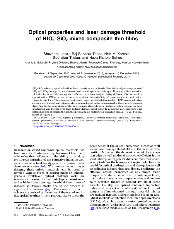 (PDF) Optical properties and laser damage threshold of HfO2–SiO2 mixed composite thin films