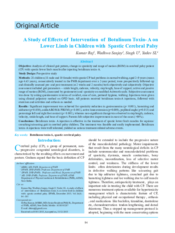 (PDF) A Study of Effects of Intervention of Botulinum Toxin- A on Lower ...