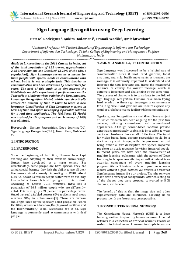 (PDF) Sign Language Recognition using Deep Learning