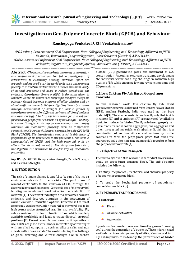 (PDF) Investigation on Geo-Polymer Concrete Block (GPCB) and Behaviour