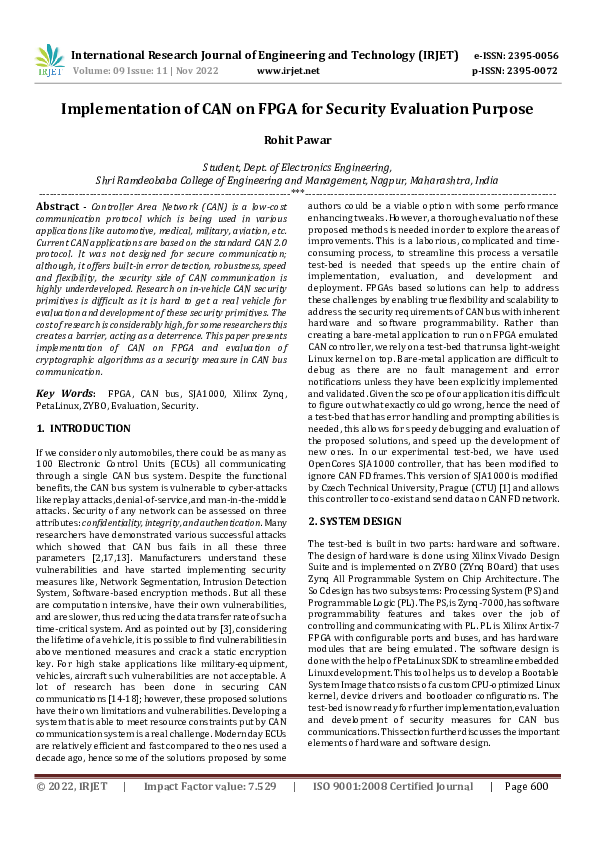 (PDF) Implementation of CAN on FPGA for Security Evaluation Purpose