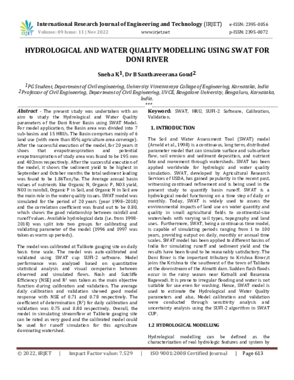 (PDF) HYDROLOGICAL AND WATER QUALITY MODELLING USING SWAT FOR DONI RIVER