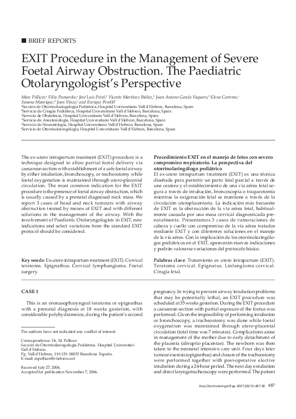 (PDF) EXIT Procedure in the Management of Severe Foetal Airway ...