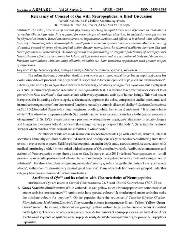 (PDF) Relevancy of Concept of Oja with Neuropeptides: A Brief Discussion