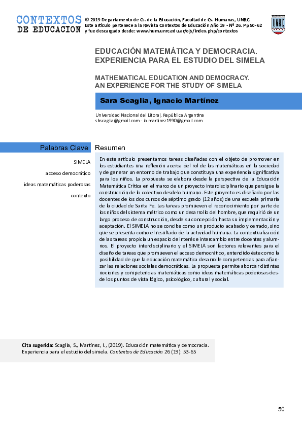 (PDF) Educación matemática y democracia. Experiencia para el estudio del SIMELA