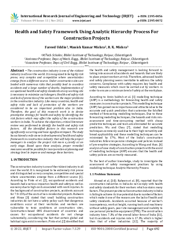 Pdf Health And Safety Framework Using Analytic Hierarchy Process For Construction Projects