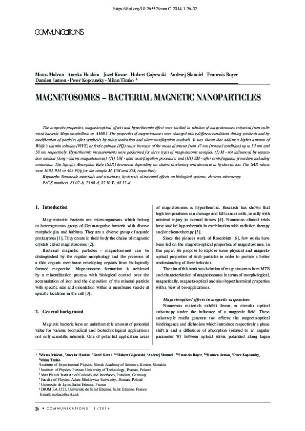 (PDF) Magnetosomes - Bacterial Magnetic Nanoparticles