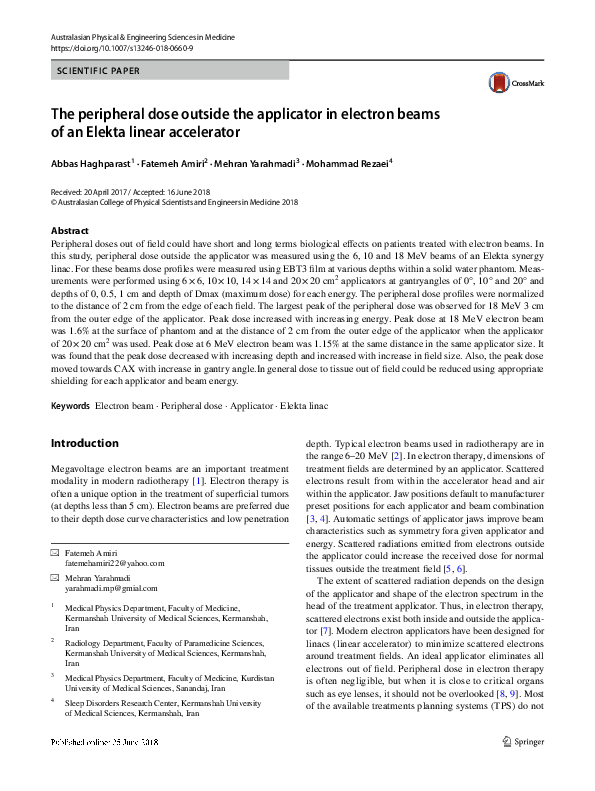 (PDF) The peripheral dose outside the applicator in electron beams of Oncor linear accelerator