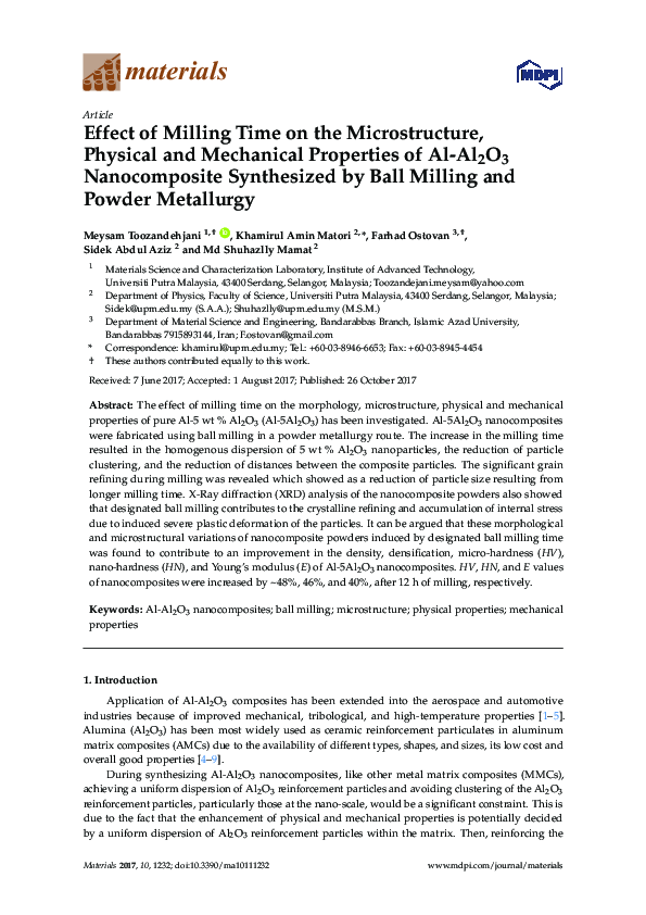 Pdf Effect Of Milling Time On The Microstructure Physical And