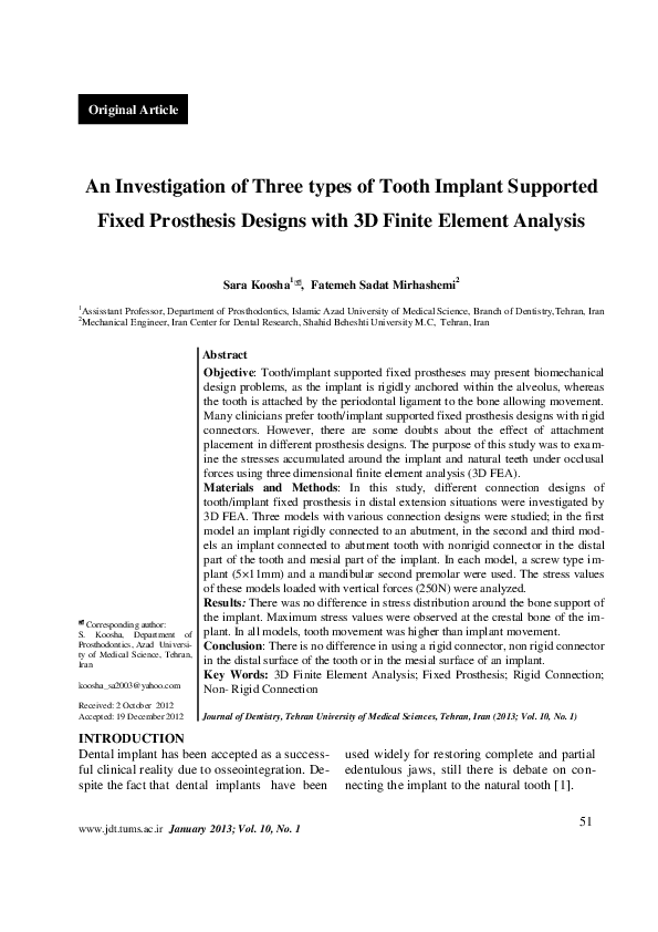 Pdf An Investigation Of Three Types Of Tooth Implant Supported Fixed Prosthesis Designs With