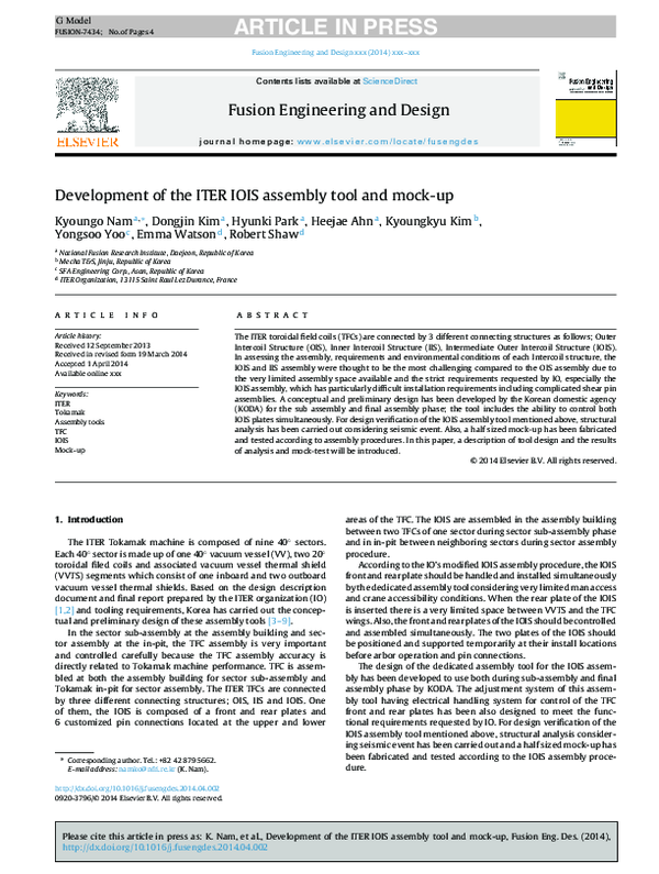 (PDF) Development of the ITER IOIS assembly tool and mock-up