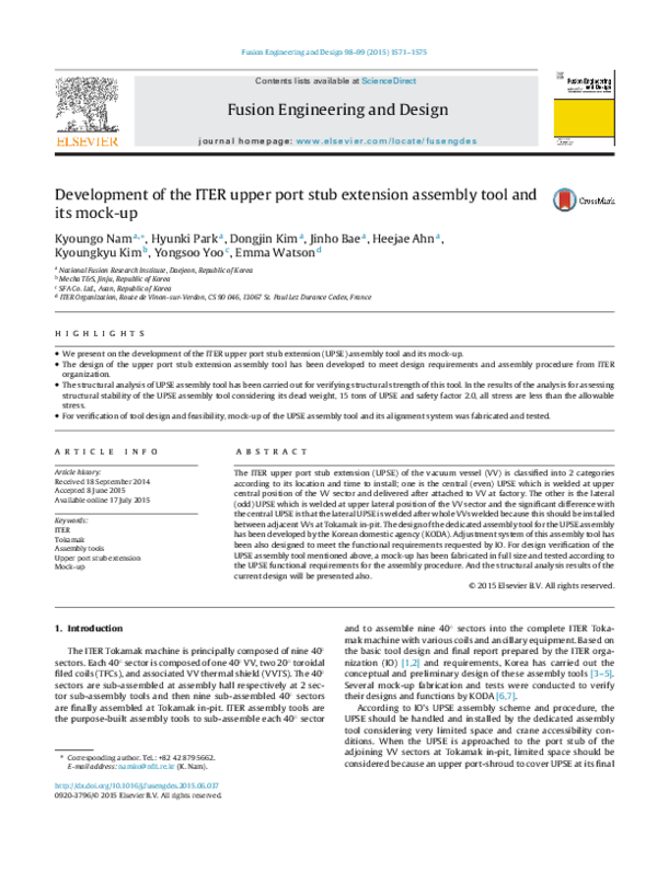 (PDF) Development of the ITER upper port stub extension assembly tool ...