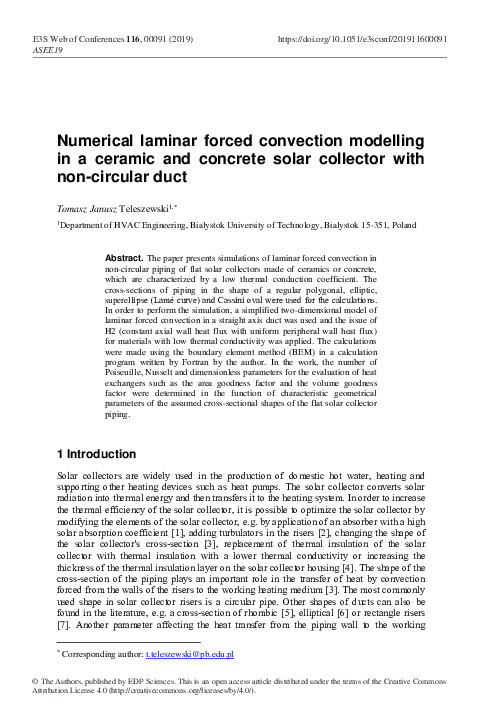 Pdf Numerical Laminar Forced Convection Modelling In A Ceramic And Concrete Solar Collector