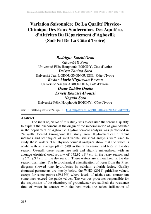 (PDF) Variation Saisonnière De La Qualité Physico-Chimique Des Eaux ...