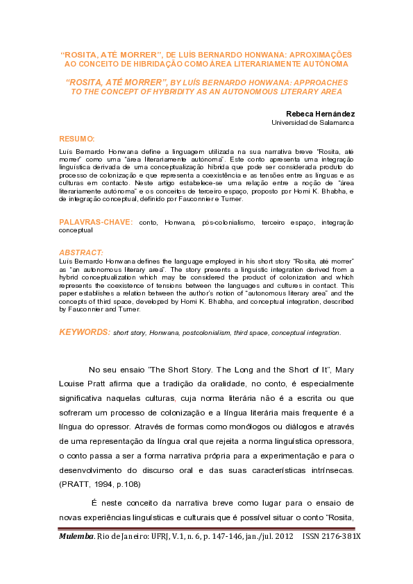 (PDF) “Rosita, Até Morrer”, De Luís Bernardo Honwana: Aproximações Ao ...