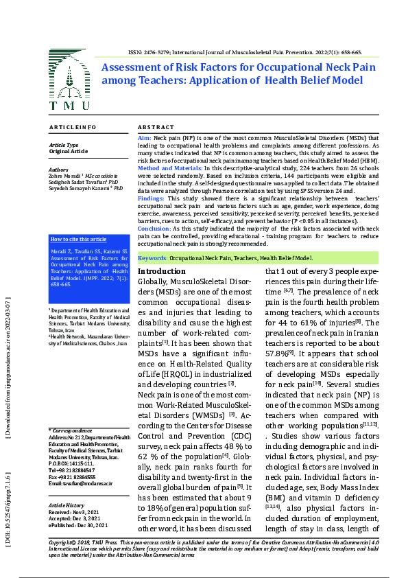 (PDF) Assessment of Risk Factors for Occupational Neck Pain among Teachers: Application of ...