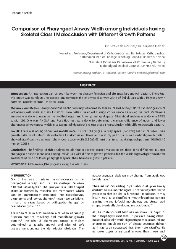 (PDF) Comparison of Pharyngeal Airway Width among Individuals having Skeletal Class I ...