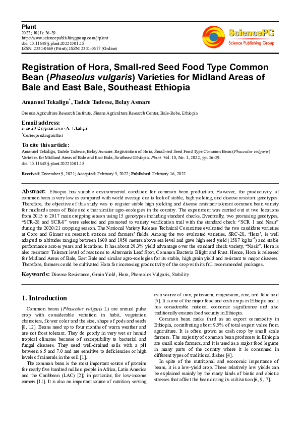 (PDF) Registration of Hora, Small-red Seed Food Type Common Bean ( Phaseolus vulgaris ...
