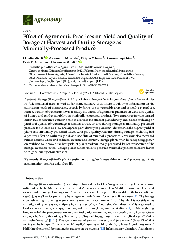 (PDF) Effect of Agronomic Practices on Yield and Quality of Borage at Harvest and During Storage ...