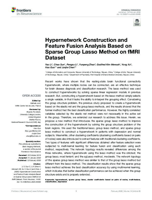 Pdf Hypernetwork Construction And Feature Fusion Analysis Based On Sparse Group Lasso Method