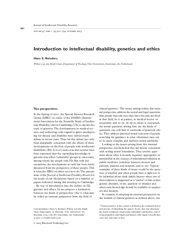 (PDF) Introduction to intellectual disability, genetics and ethics
