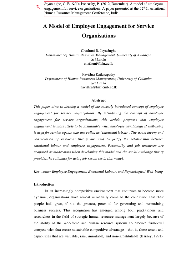 (PDF) A Model of Employee Engagement for Service Organisations