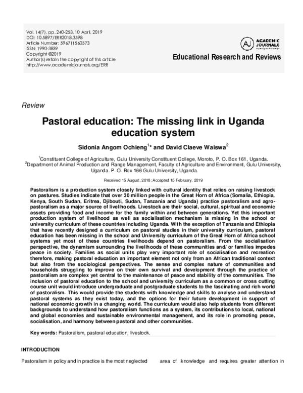 (PDF) Pastoral education: The missing link in Uganda education system
