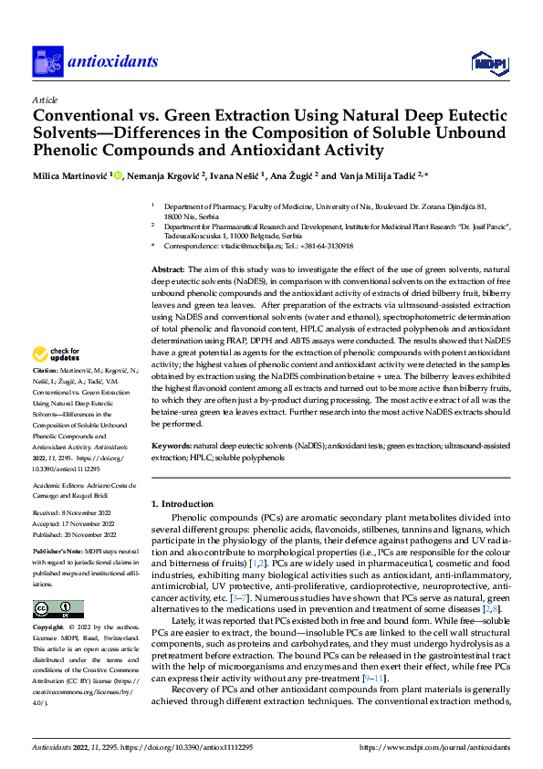(PDF) Conventional vs. Green Extraction Using Natural Deep Eutectic ...