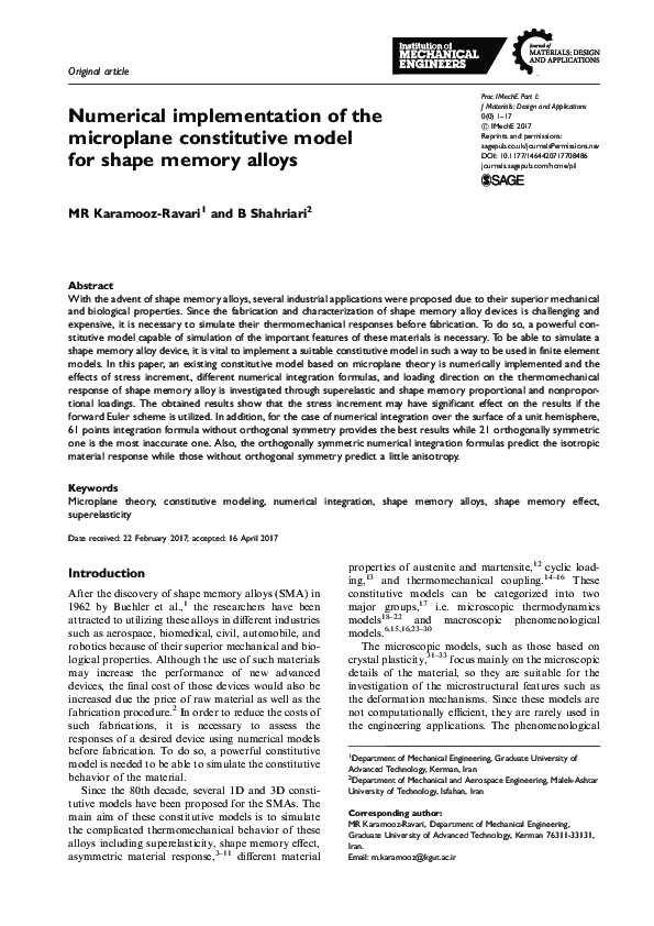 Pdf Numerical Implementation Of The Microplane Constitutive Model For Shape Memory Alloys