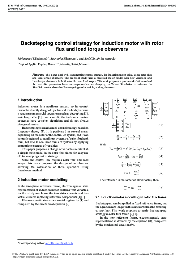 Pdf Backstepping Control Strategy For Induction Motor With Rotor Flux And Load Torque Observers