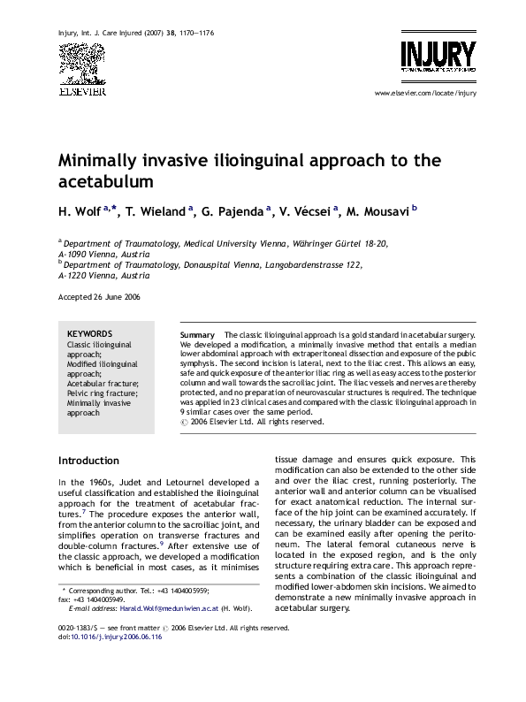 (PDF) Minimally invasive ilioinguinal approach to the acetabulum
