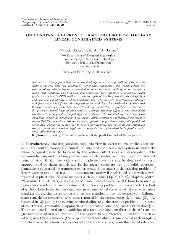 (PDF) On Constant Reference Tracking Problem for Fast Linear Constrained Systems