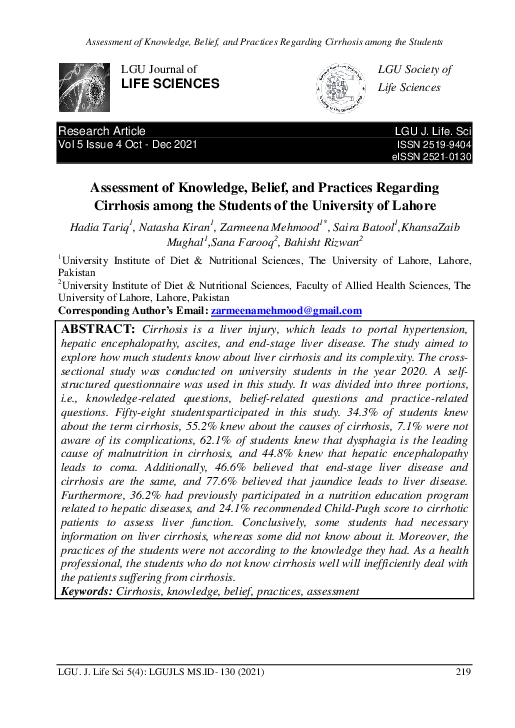 (PDF) Assessment of Knowledge, Belief, and Practices Regarding Cirrhosis among the Students of ...