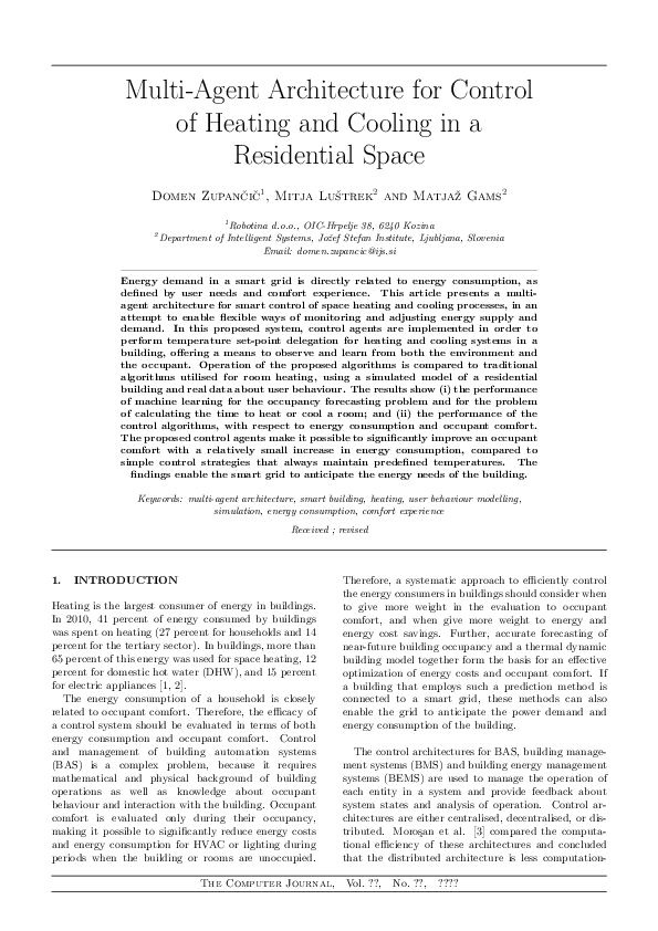 (PDF) Multi-Agent Architecture for Control of Heating and Cooling in a Residential Space