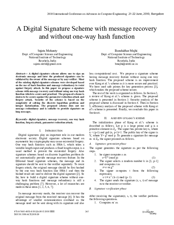 Pdf A Digital Signature Scheme With Message Recovery And Without One Way Hash Function