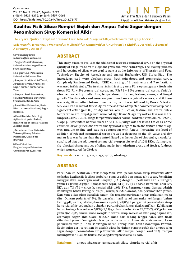 (PDF) Kualitas Fisik Silase Rumput Gajah dan Ampas Tahu Segar dengan Penambahan Sirup Komersial ...