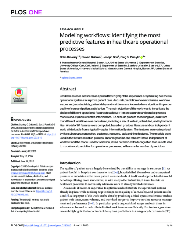 (PDF) Modeling workflows: Identifying the most predictive features in healthcare operational ...