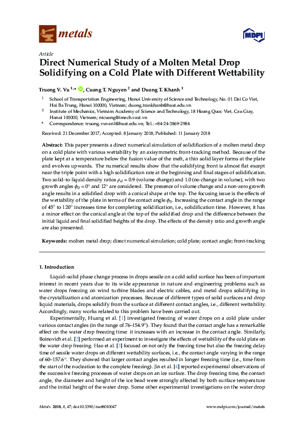 (PDF) Direct Numerical Study of a Molten Metal Drop Solidifying on a ...