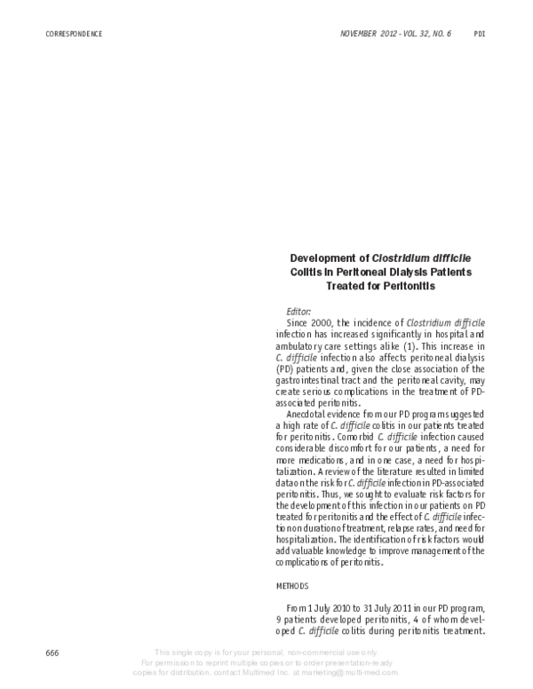 (PDF) Development of Clostridium difficile Colitis in Peritoneal Dialysis Patients Treated for ...
