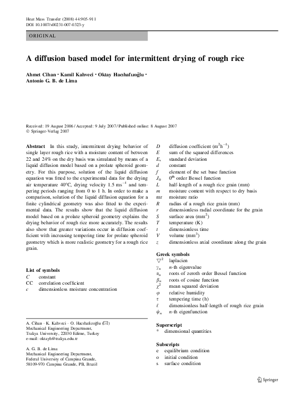A diffusion based model for intermittent drying of rough rice