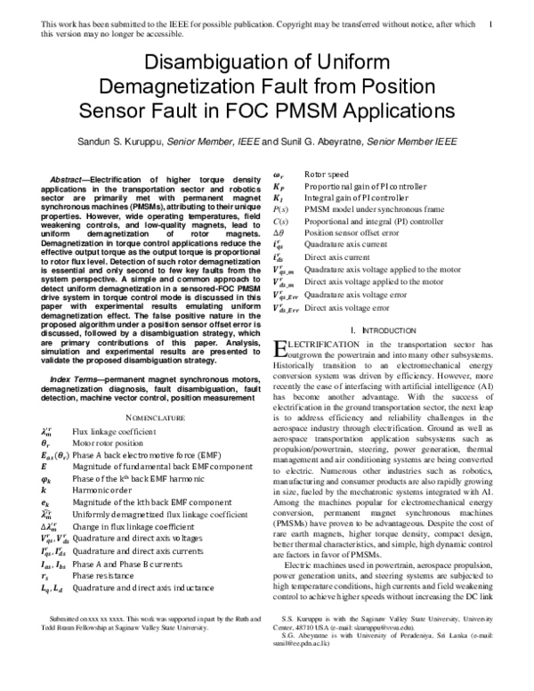 (PDF) Disambiguation of Uniform Demagnetization Fault from Position Sensor Fault in FOC PMSM ...