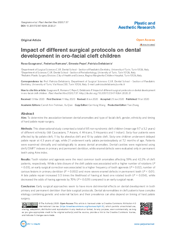 (PDF) Impact of different surgical protocols on dental development in oro-facial cleft children ...