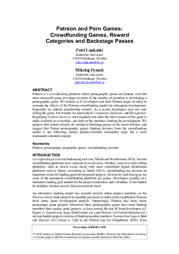 Pdf Patreon And Porn Games Crowdfunding Games Reward Categories And Backstage Passes 