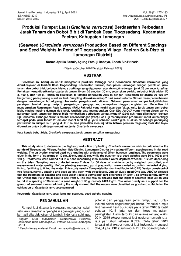 (PDF) Produksi Rumput Laut (Gracilaria verrucosa) Berdasarkan Perbedaan ...