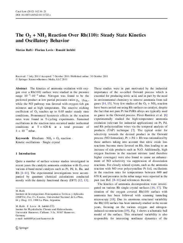 (PDF) The O2 + NH3 Reaction Over Rh(110): Steady State Kinetics and ...